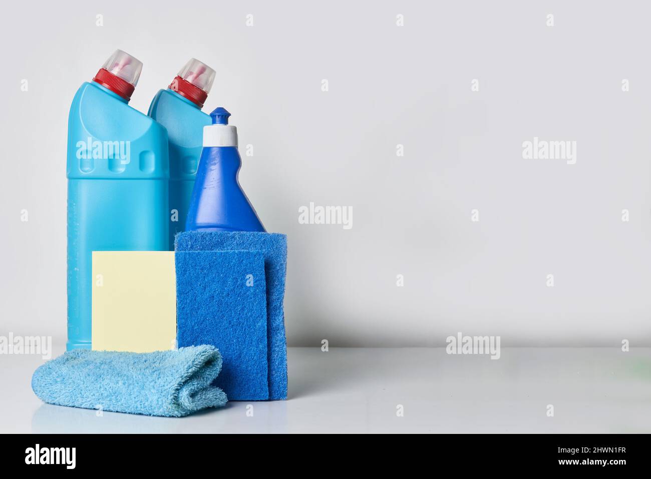 Cleaning service concept. Cleaning chemical bottles. cleaning supplies ...