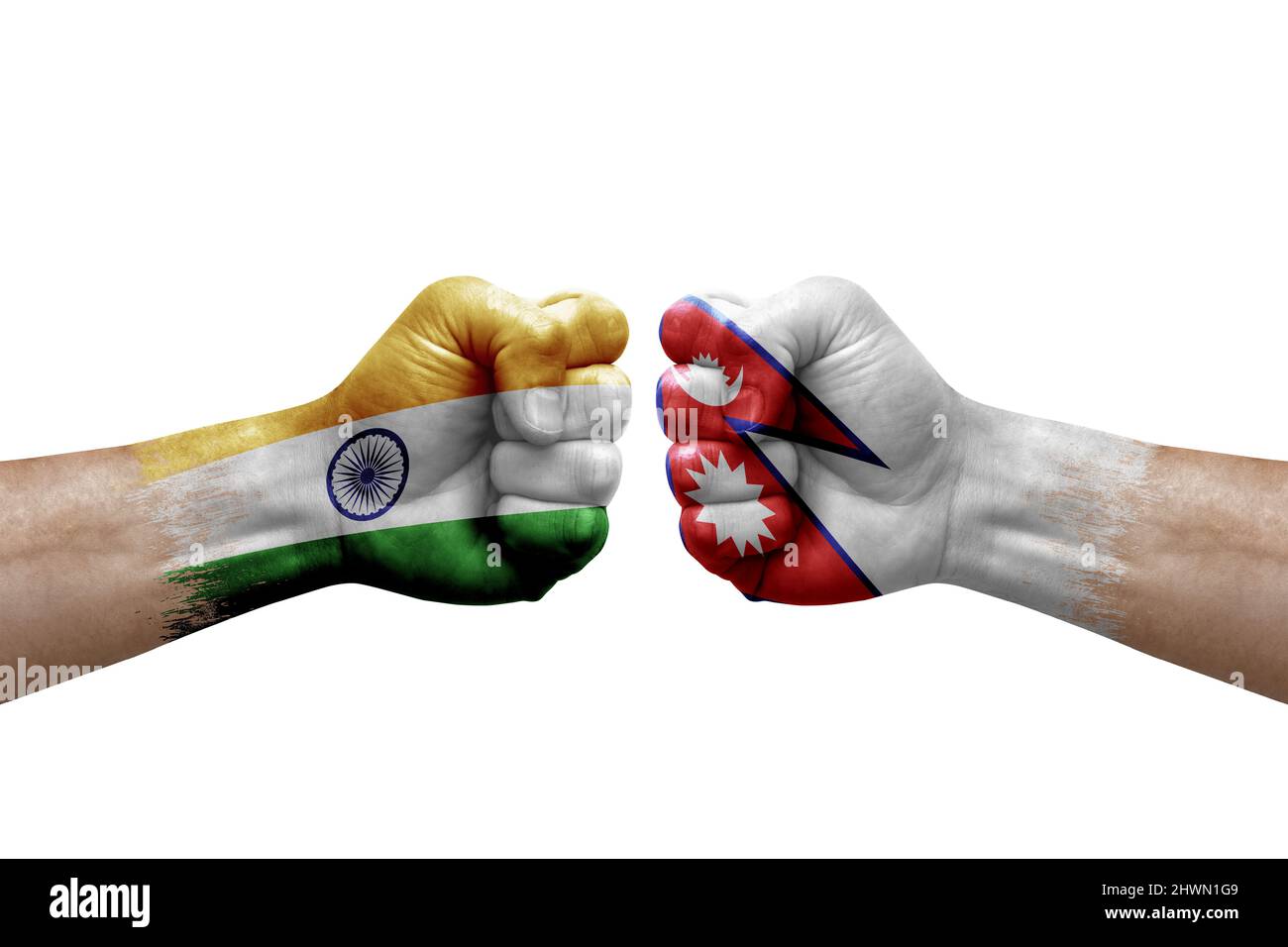 Two hands punch to each others on white background. Country flags ...