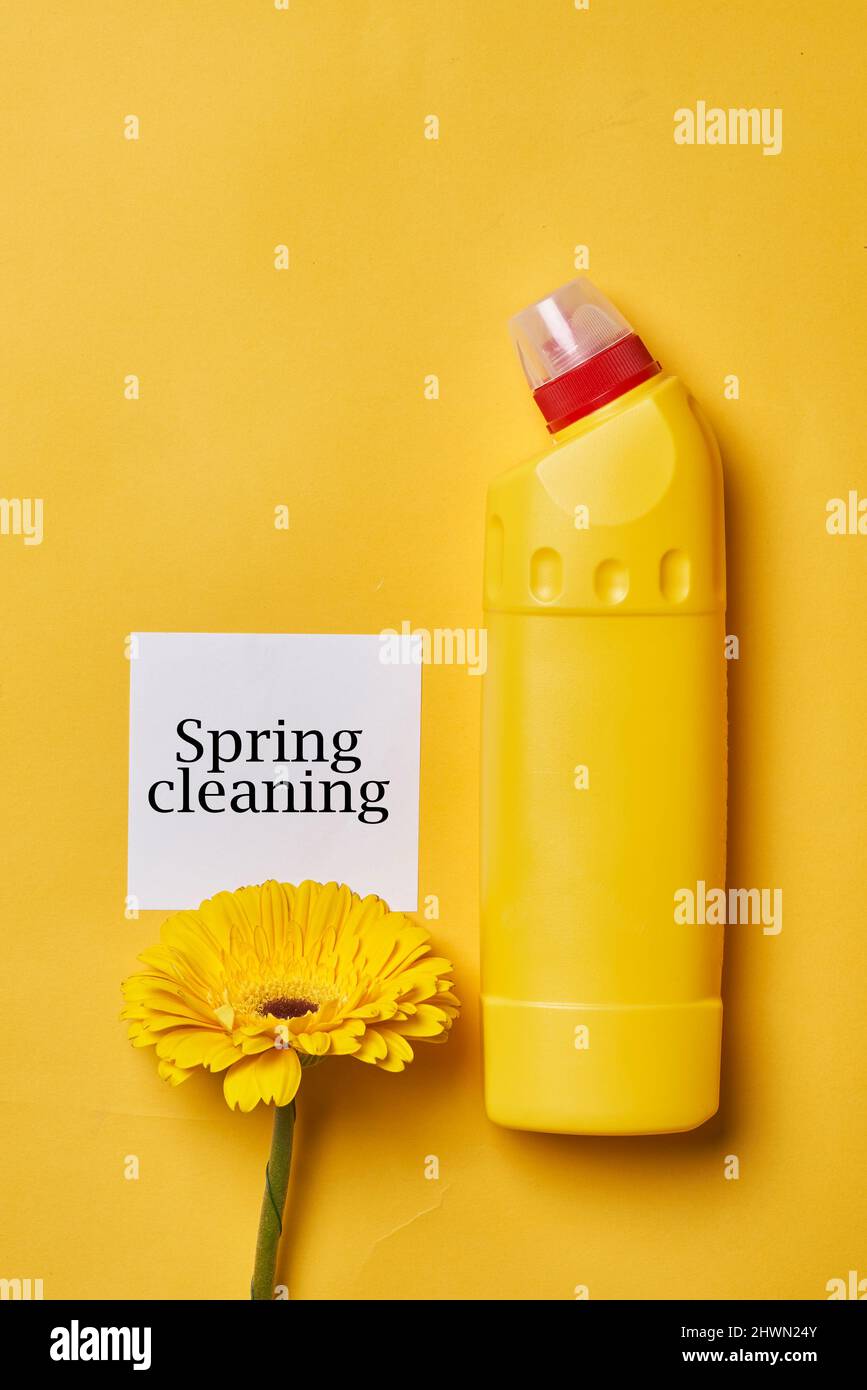 Cleaning service concept. Spring cleaning. Cleaning chemical bottles ...