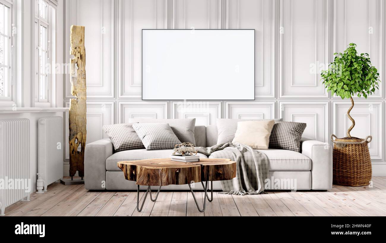 Modern interior of a room with an empty painting. Sofa and large window ...