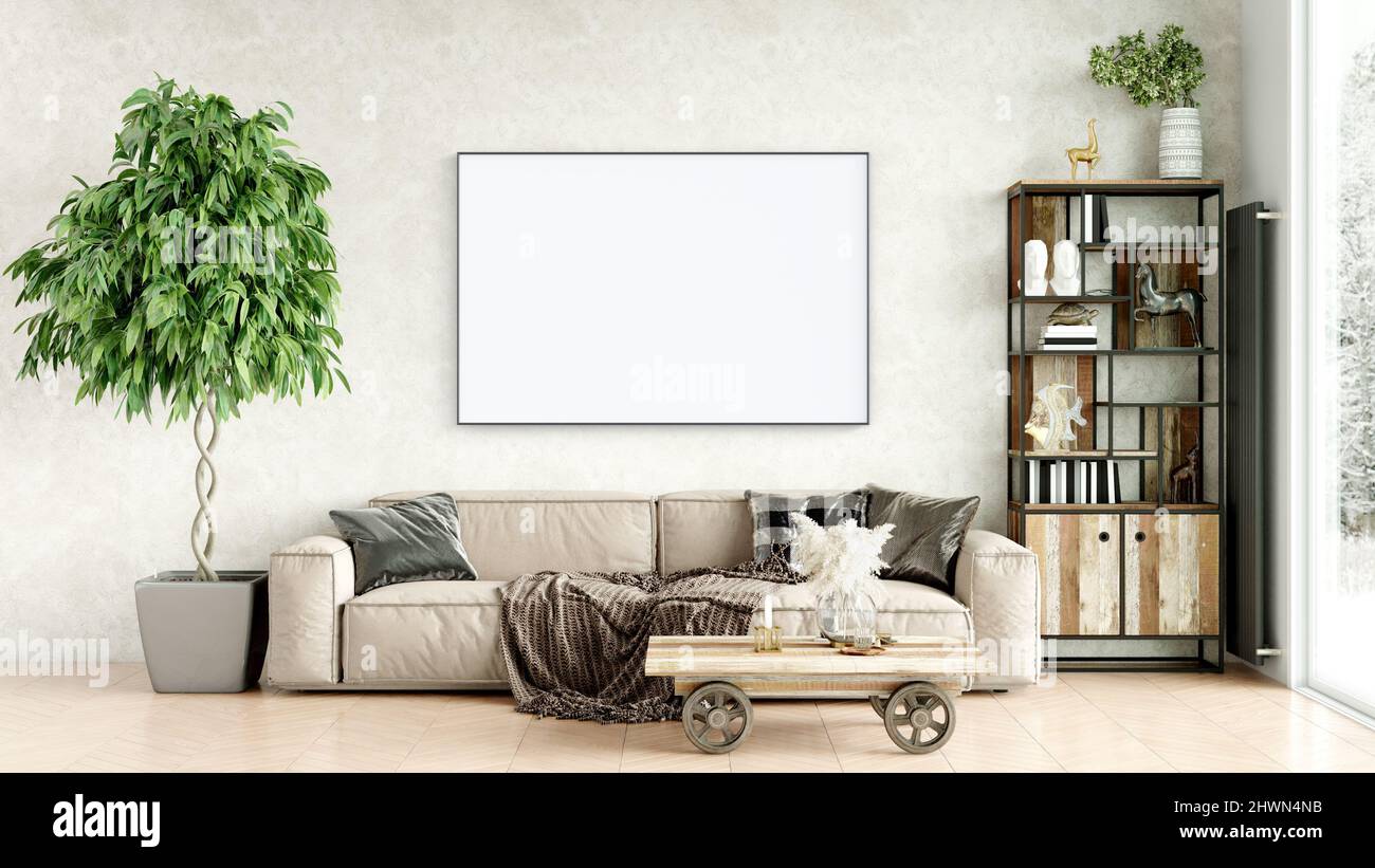 Modern interior of a room with an empty painting. Sofa and large window ...