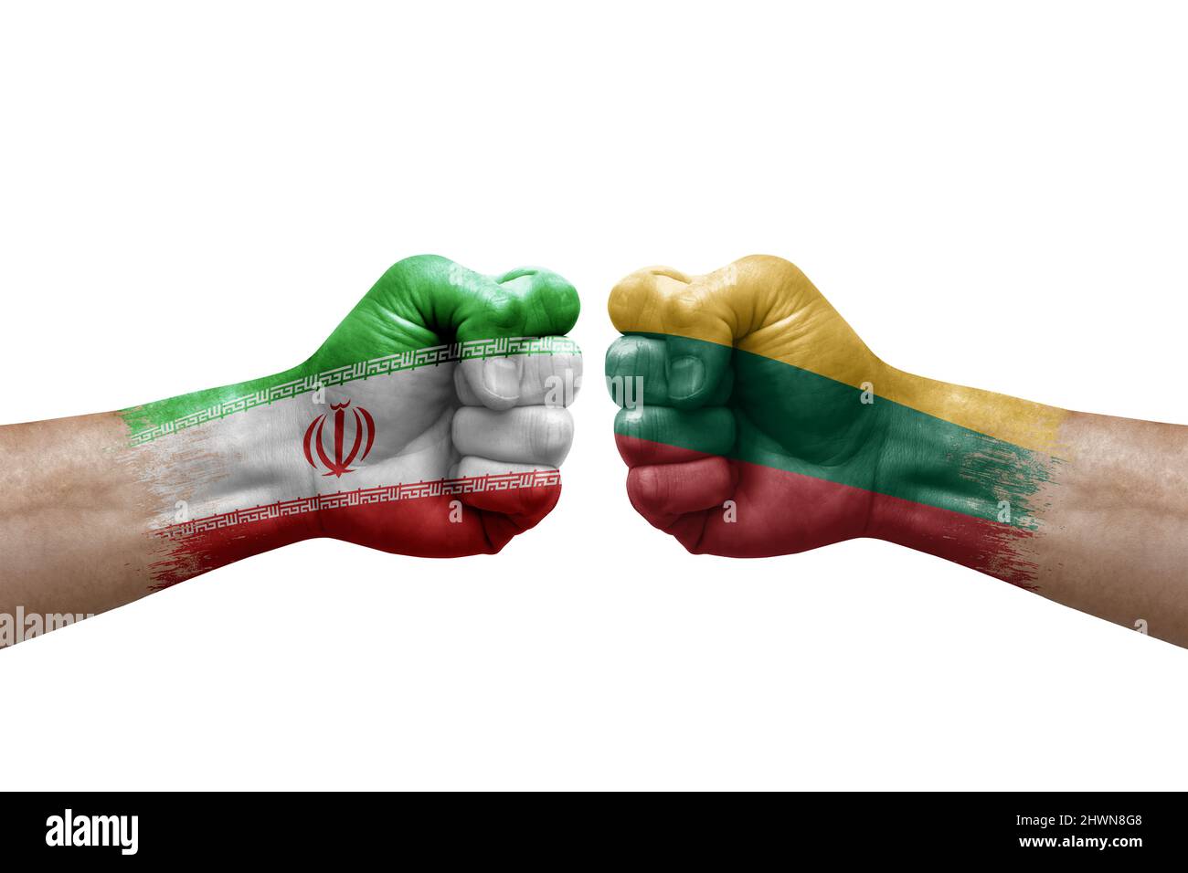 Two hands punch to each others on white background. Country flags ...