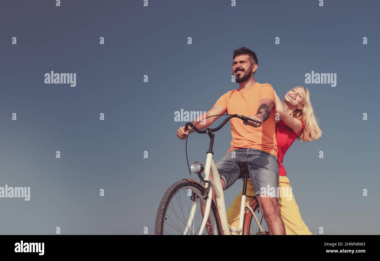 Young riders enjoying themselves on trip. Stylish and loving couple ...