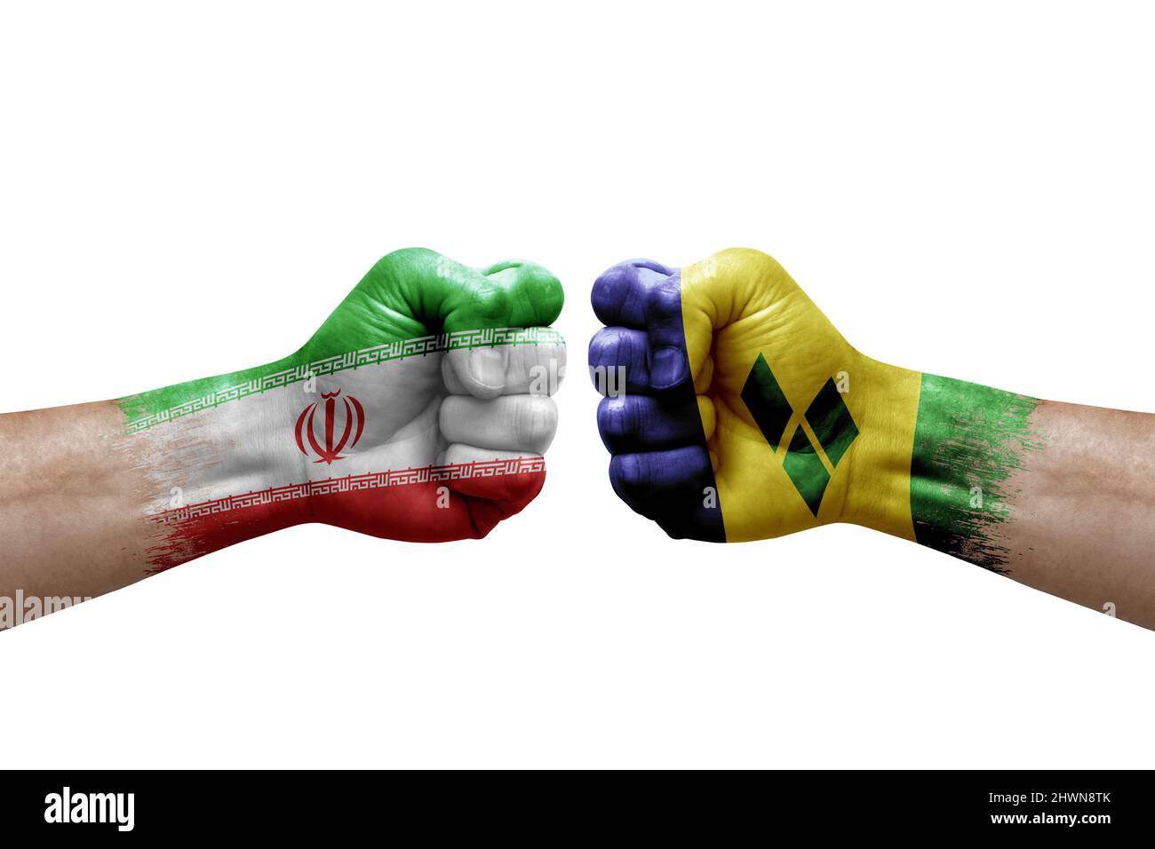 Two hands punch to each others on white background. Country flags ...
