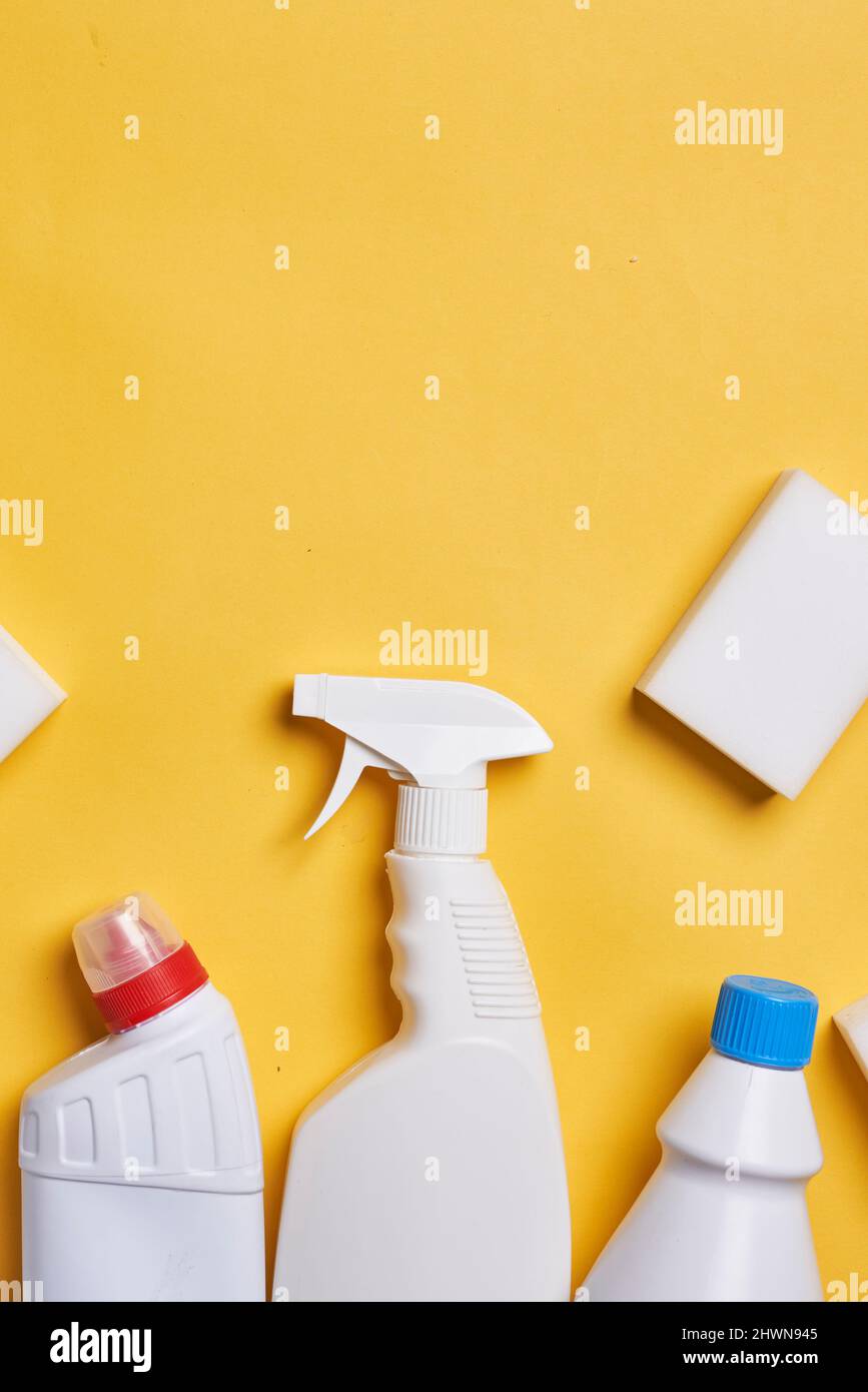 Cleaning service concept. Spring cleaning. Cleaning chemical bottles ...