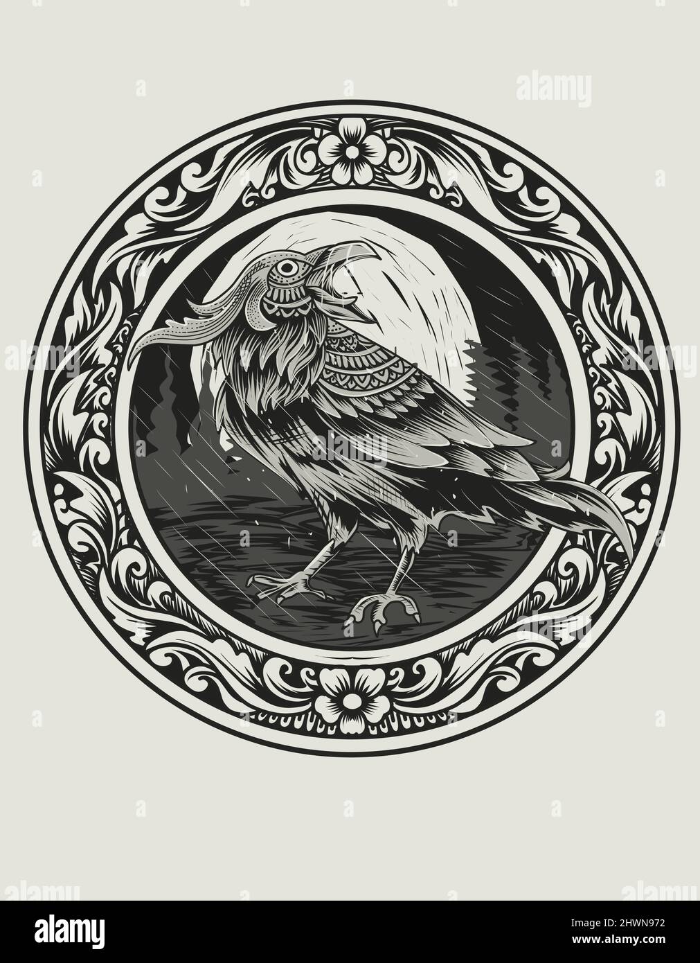Illustration vector Crow bird with vintage engraving ornament Stock ...