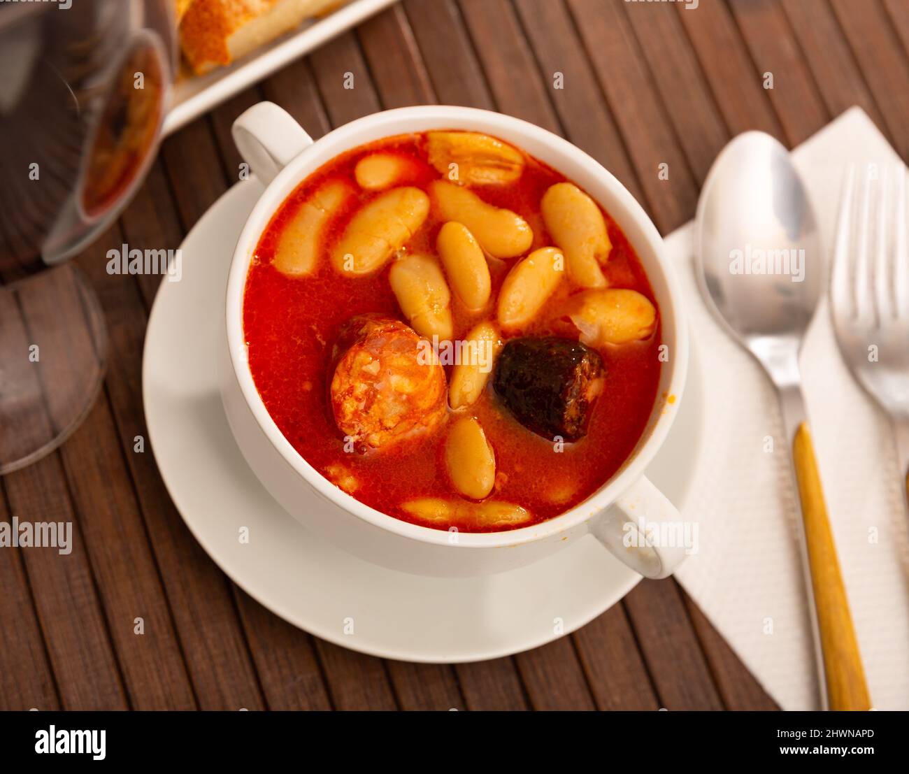 Asturian beans stew Fabada with pork, morcilla and chorizo Stock Photo ...