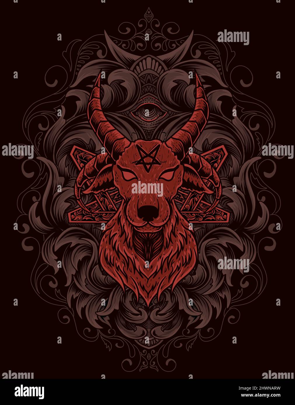illustration vector scary goat head with vintage engraving ornament ...