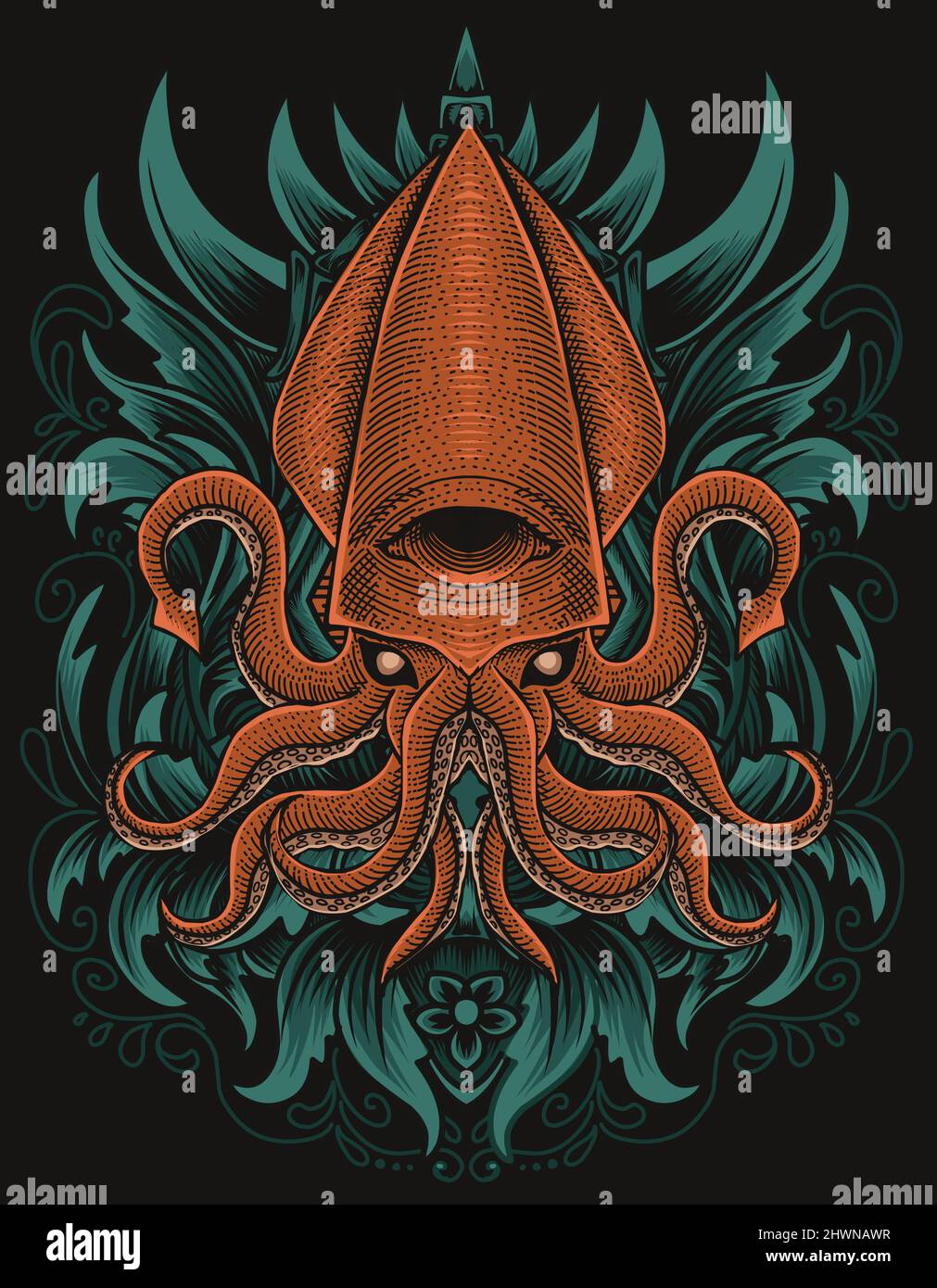 illustration vector squid with engraving ornament Stock Vector Image ...