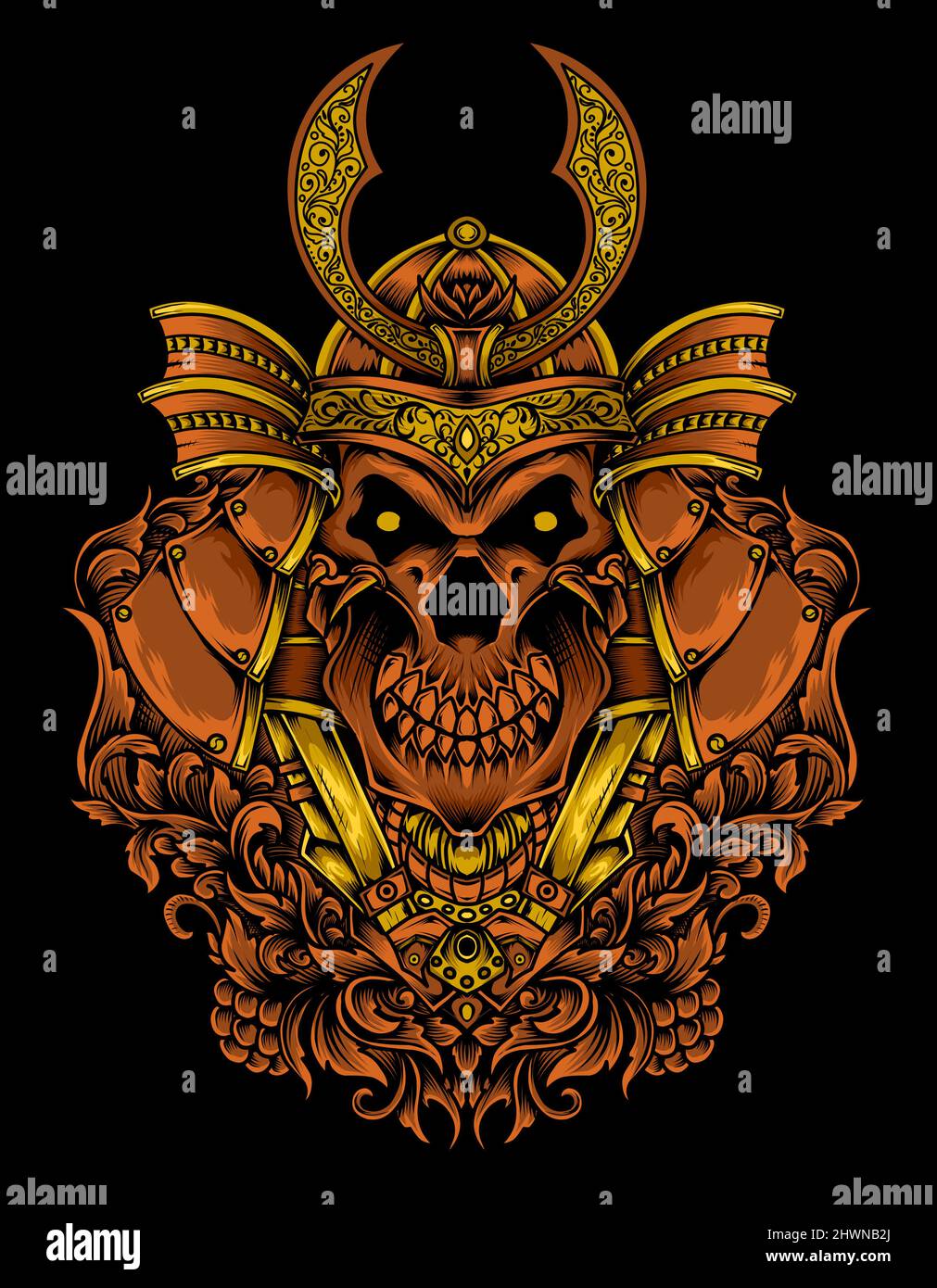 illustration vector samurai skull head with engraving ornament Stock ...