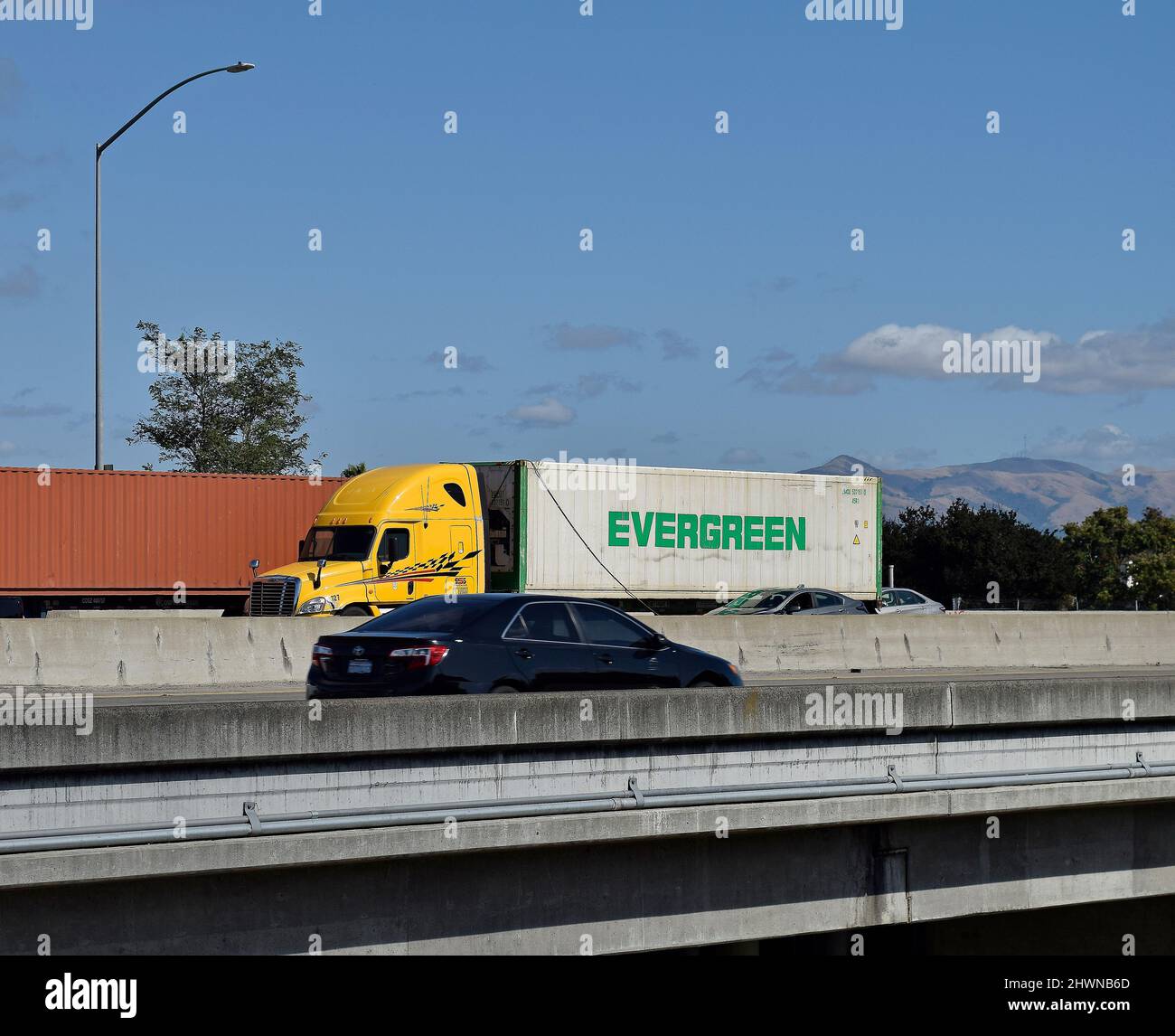 truck carrying an Evergreen shipping container on 880 freeway in Union ...