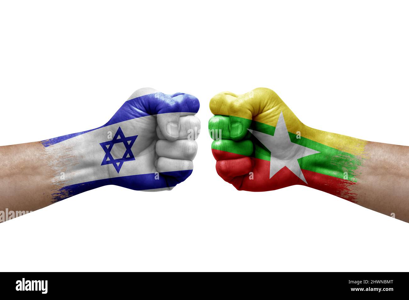 Two hands punch to each others on white background. Country flags ...