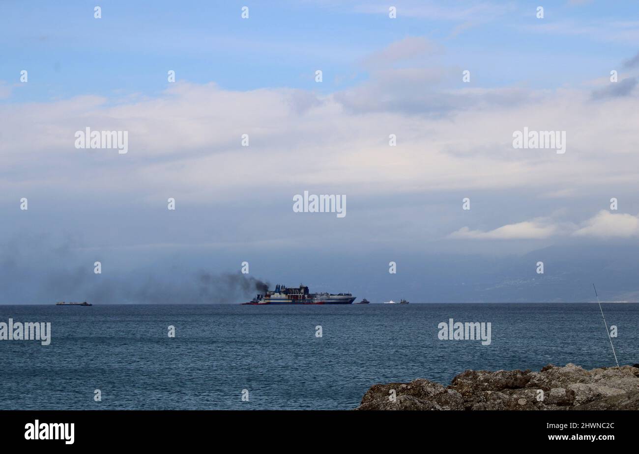 Burning ferry Euroferry Olympia off the coast of Corfu, 3 days after a ...