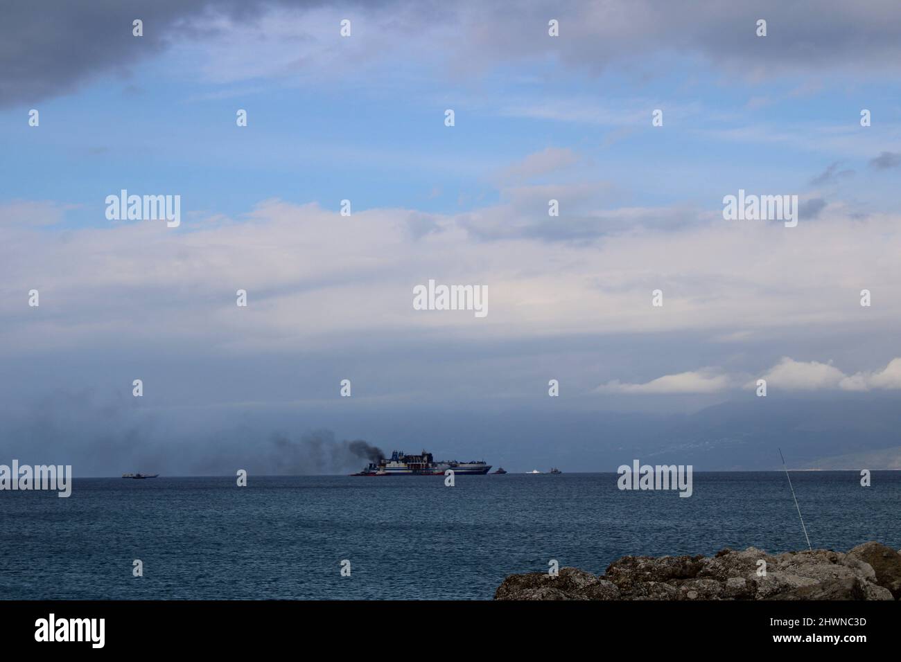 Burning ferry Euroferry Olympia off the coast of Corfu, 3 days after a ...