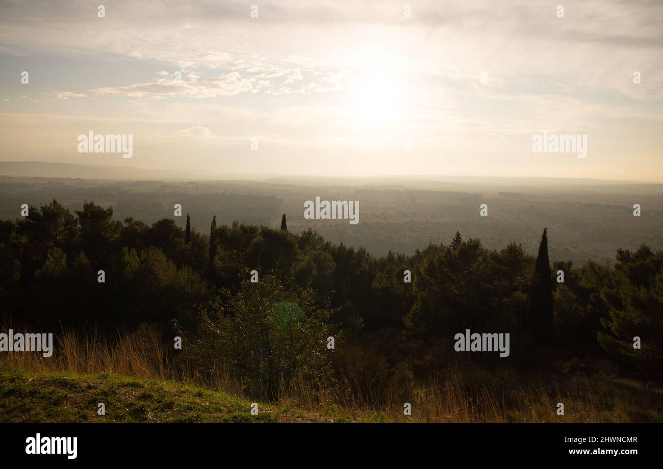 Wide angle view over the beautiful Italian landscape at sunset from ...