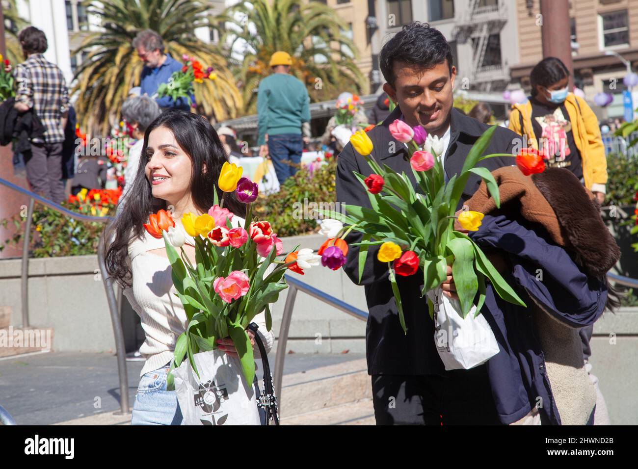 Free Tulips Draw Thousands to S.F. Union Square, California Stock Photo ...