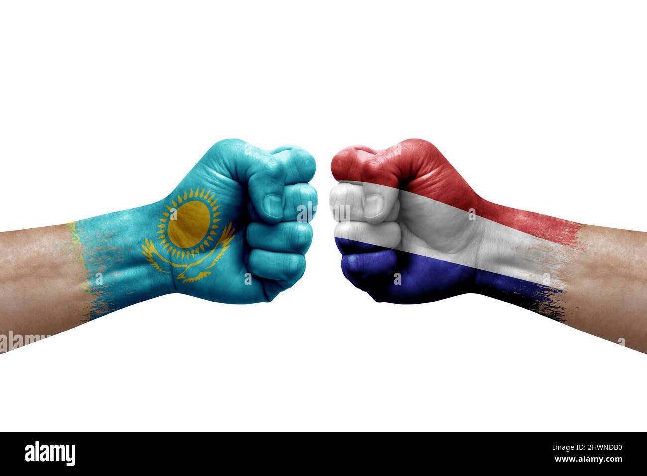 Two hands punch to each others on white background. Country flags ...