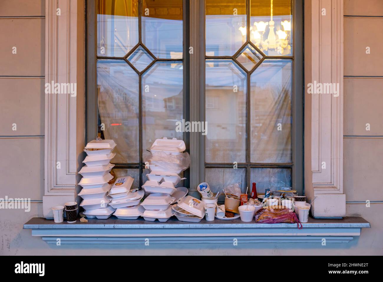 Plastic waste from food donation pile up at the Przemysl train station ...