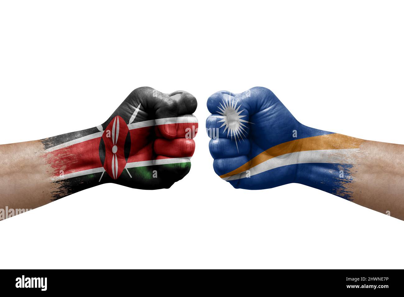 Two hands punch to each others on white background. Country flags ...