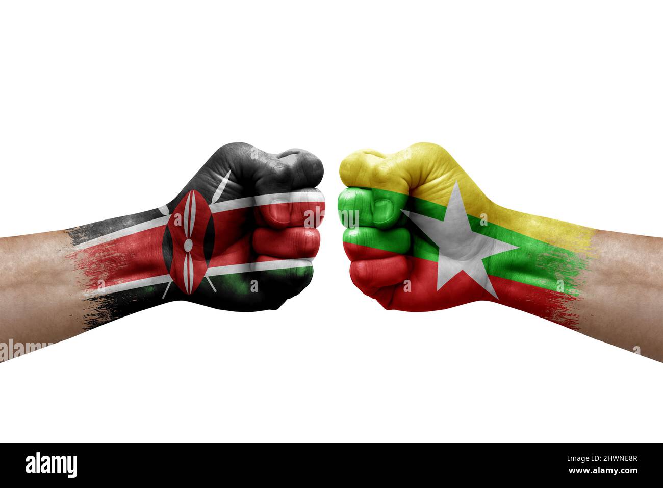 Two hands punch to each others on white background. Country flags ...