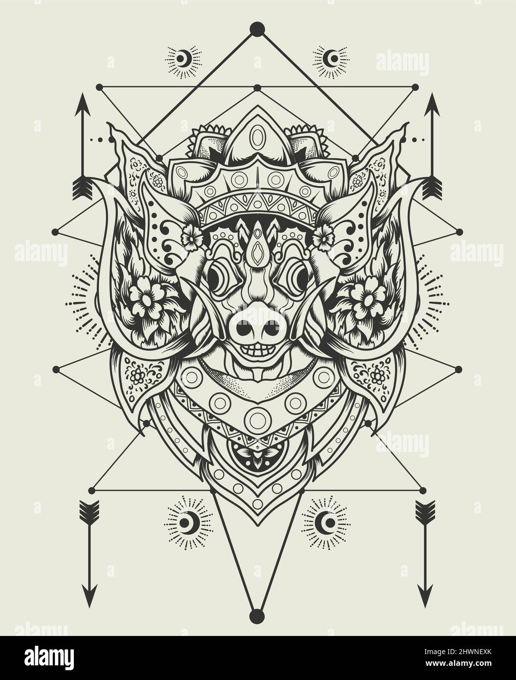 Illustration vector barong bangkung head with sacred geometry Stock ...