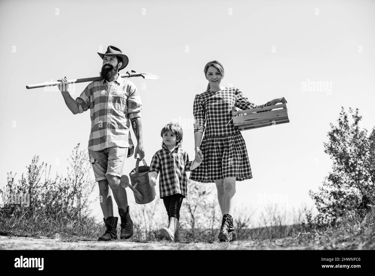 Small boy with father and mother in orchard in spring. Smile family on ...
