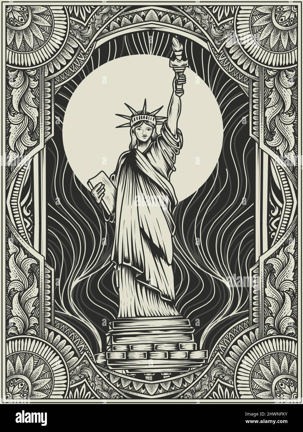 Illustration vector Liberty statue with vintage engraving ornament ...