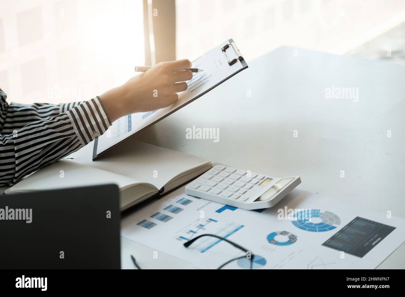 Business checking charts, spreadsheets, graphs, financial development ...