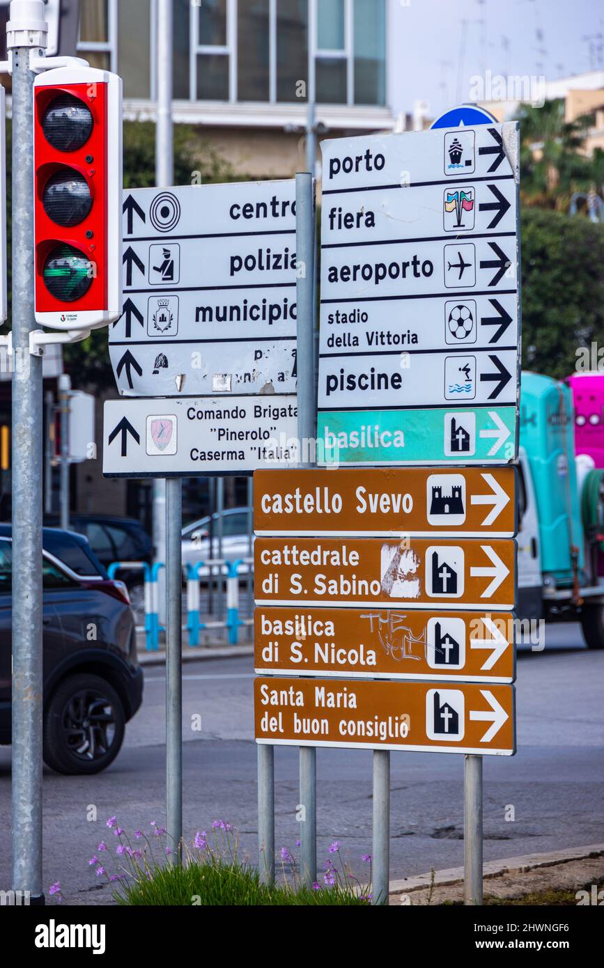 Direction signs in the city of Bari Italy Stock Photo - Alamy