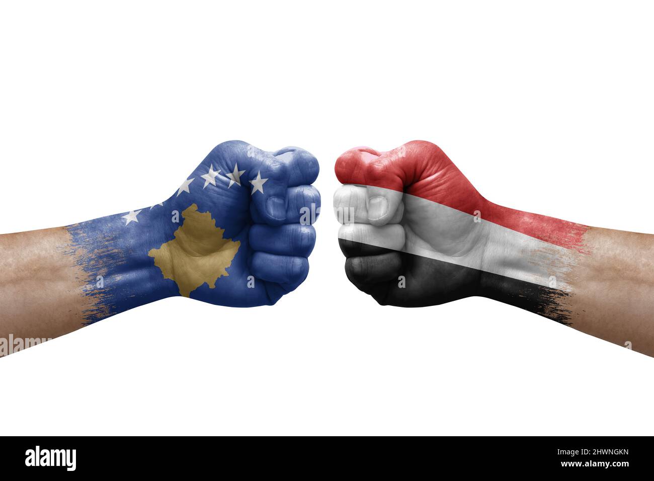Two hands punch to each others on white background. Country flags ...
