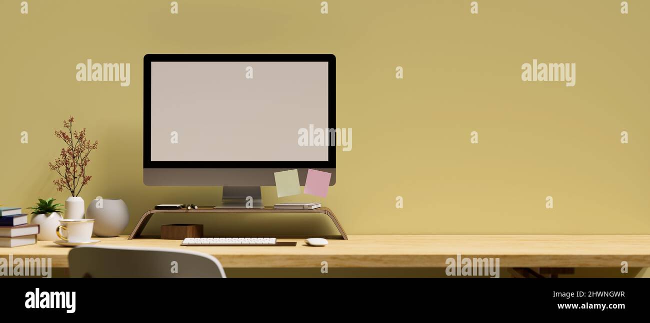 Modern minimal workspace office table with pc desktop white screen ...