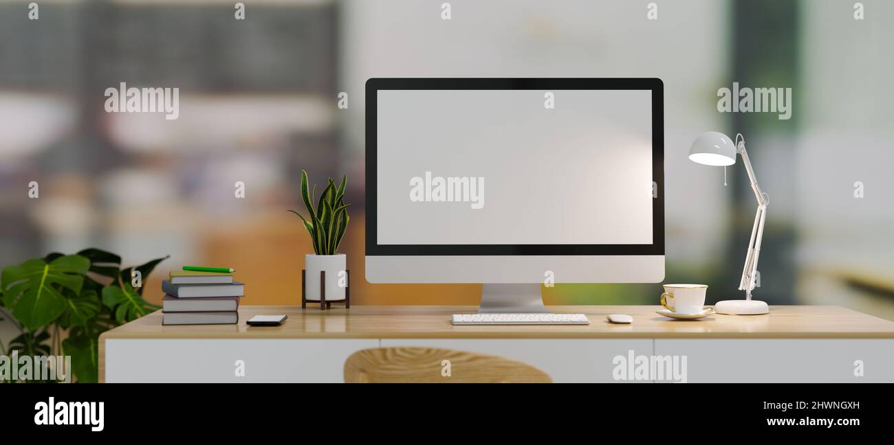 Workspace with modern pc computer white screen mockup, keyboard, table ...