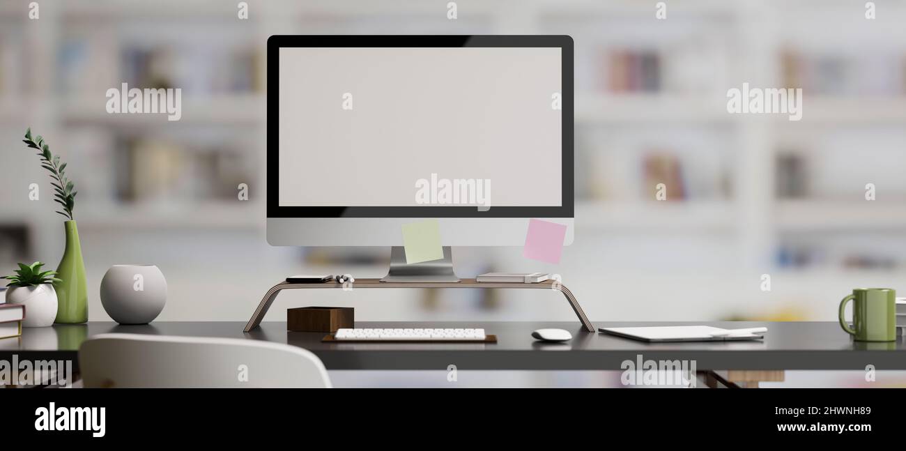 Modern office desk with modern pc computer in white desktop screen ...