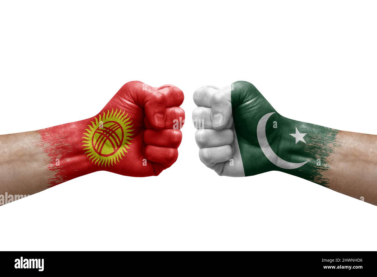 Two hands punch to each others on white background. Country flags ...