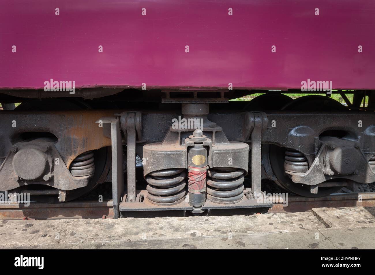 closeup wheel break and suspension system of diesel train Stock Photo ...