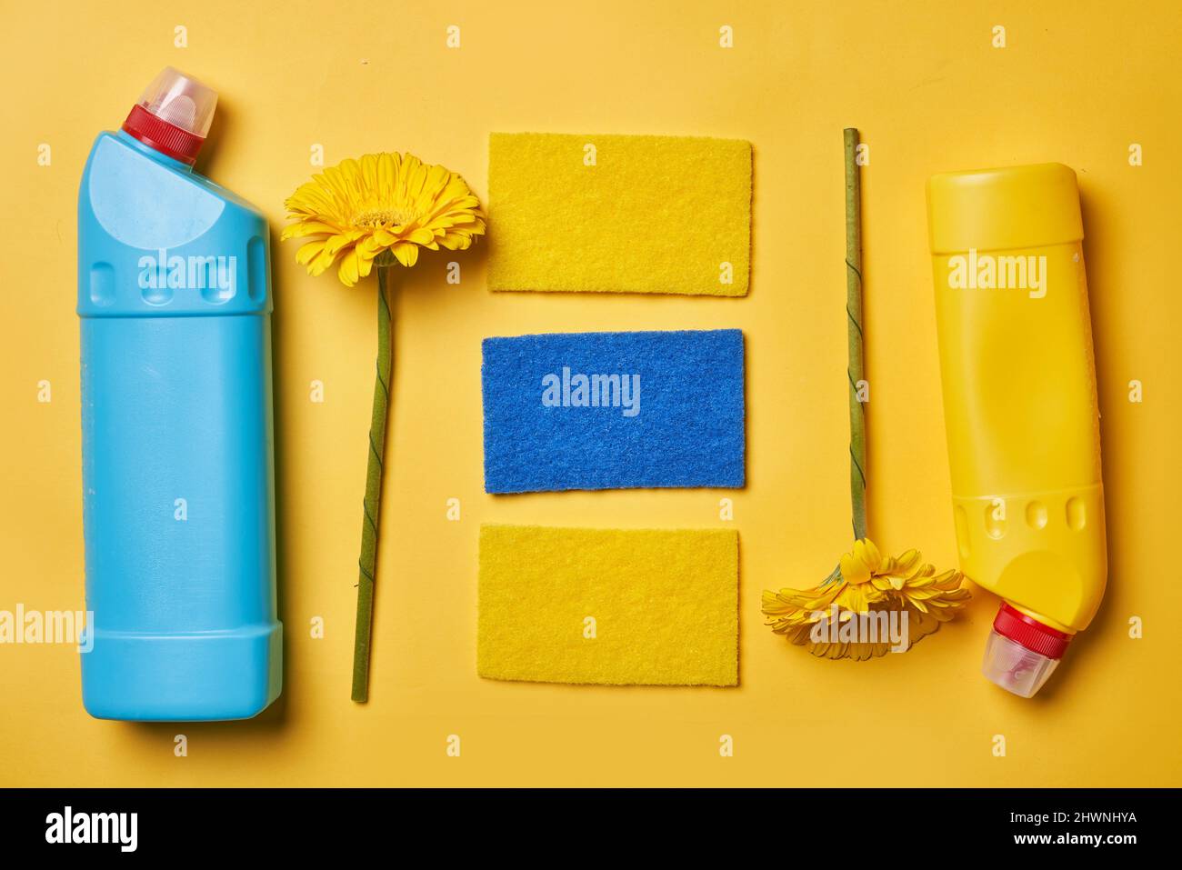 Cleaning service concept. Spring cleaning. Cleaning chemical bottles ...