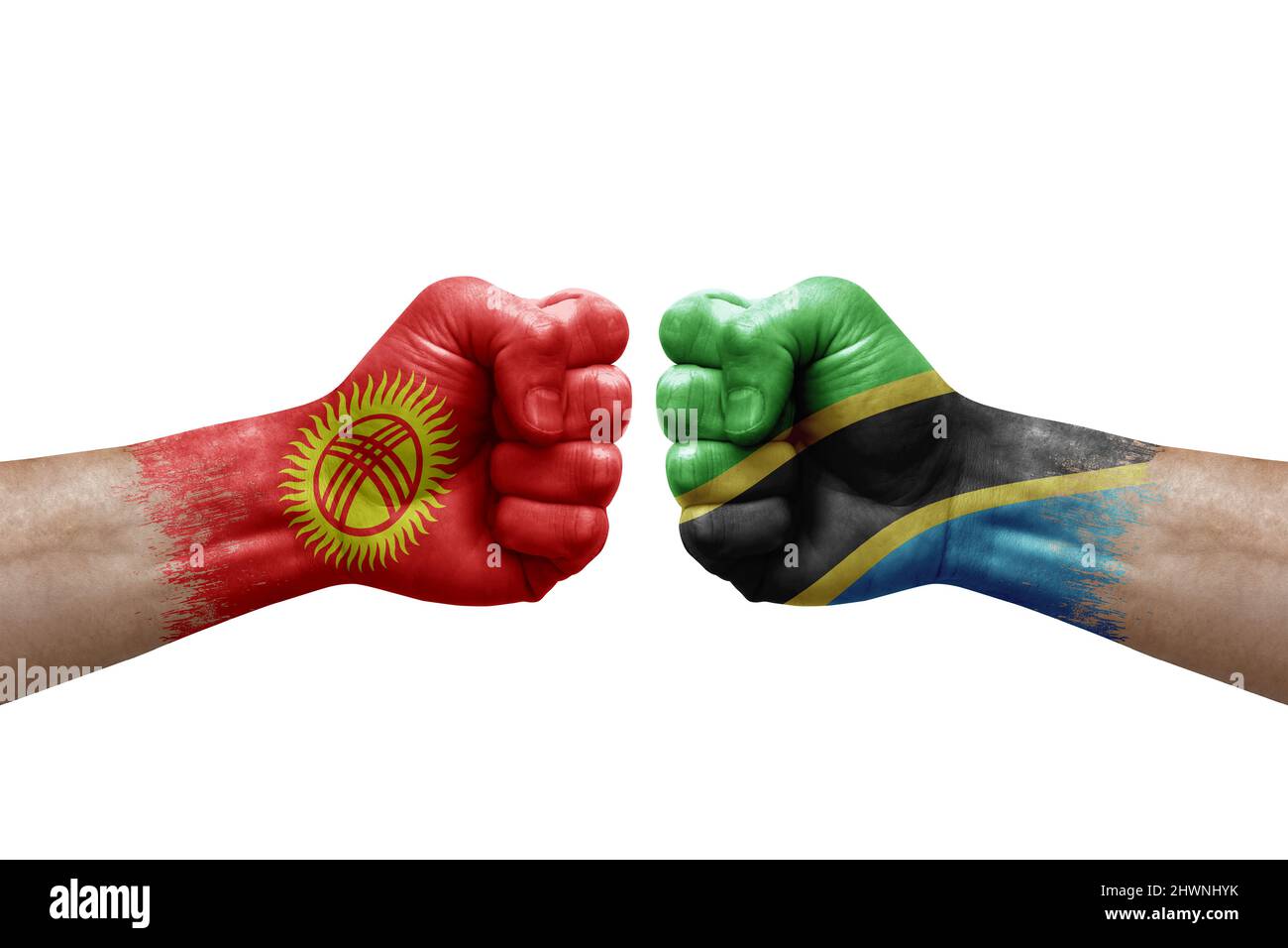 Two hands punch to each others on white background. Country flags ...