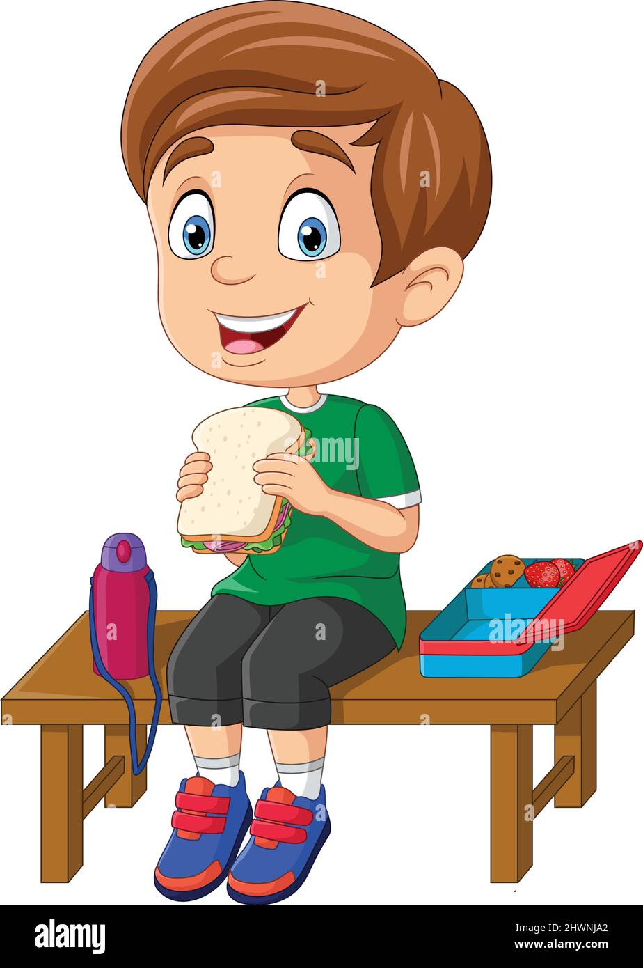 Cartoon little school boy eating bread Stock Vector Image & Art - Alamy