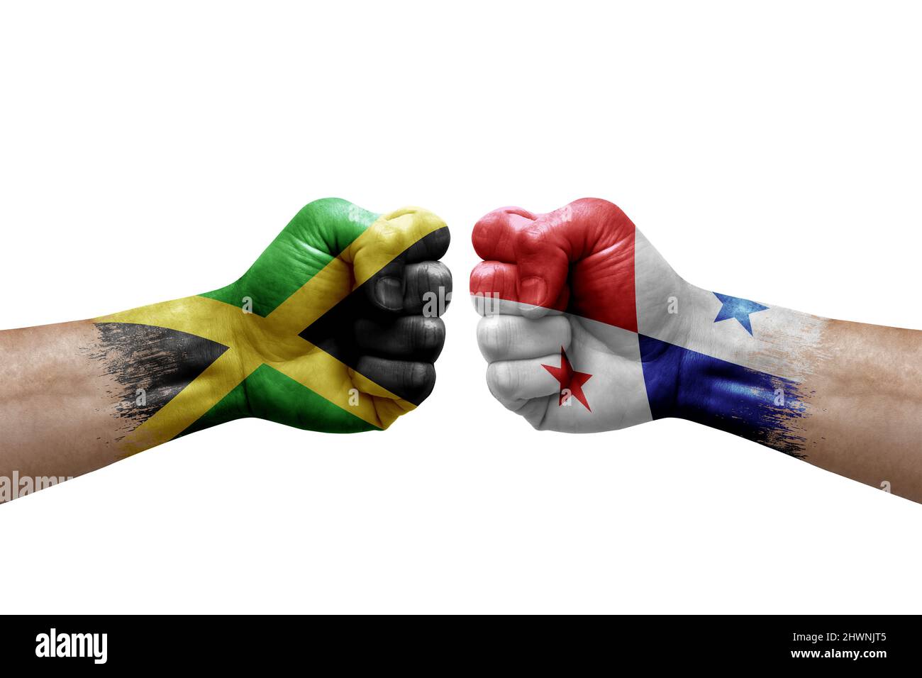 Two hands punch to each others on white background. Country flags ...