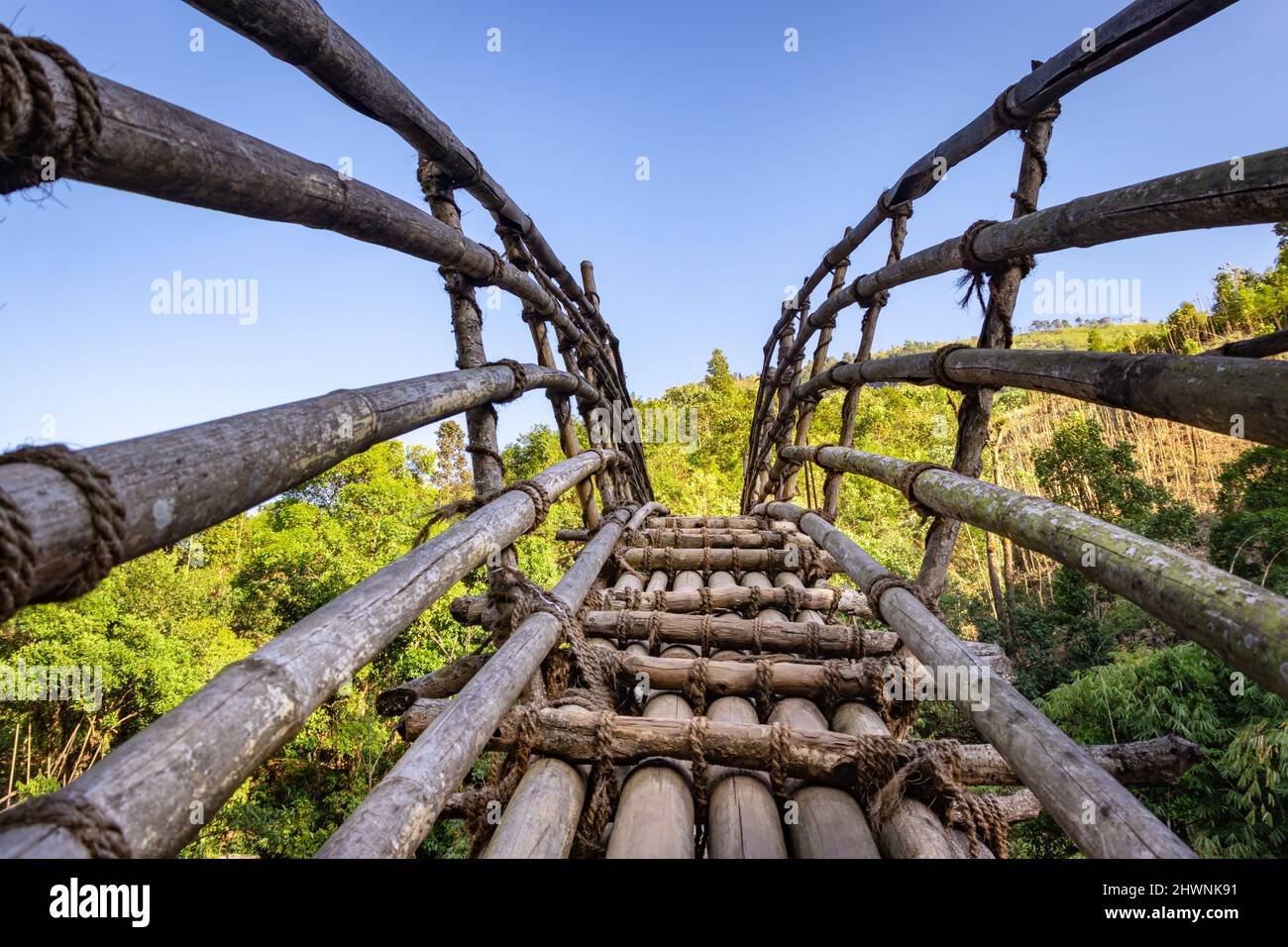 traditional bamboo bridge for crossing river at forest at morning from ...