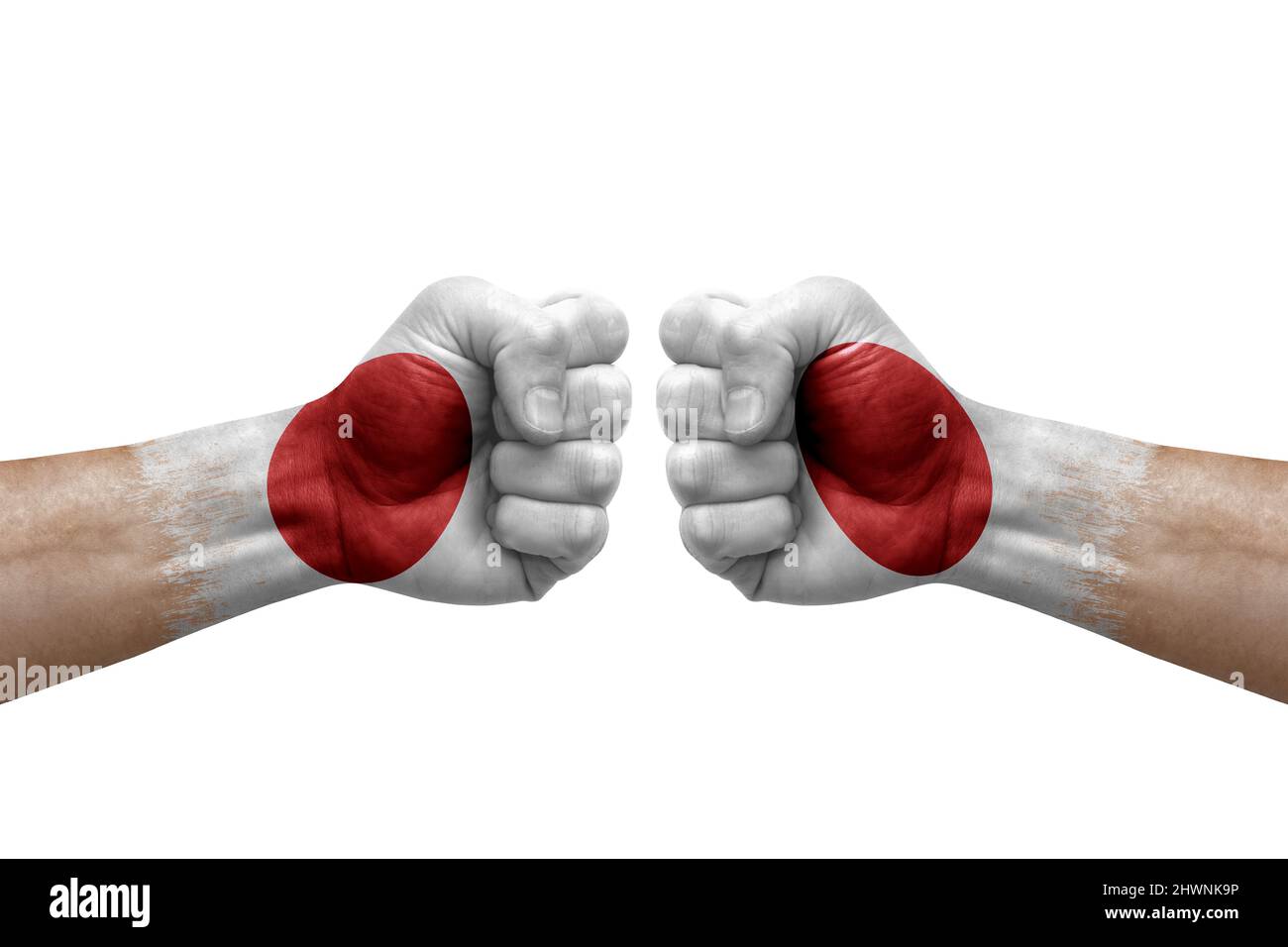 Two hands punch to each others on white background. Country flags ...