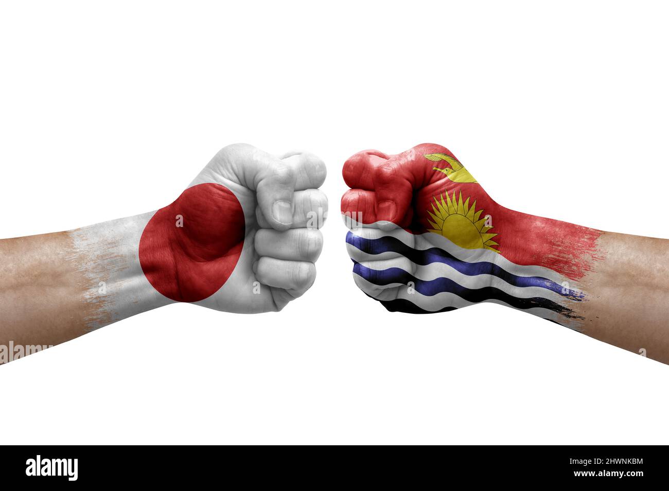 Two hands punch to each others on white background. Country flags ...