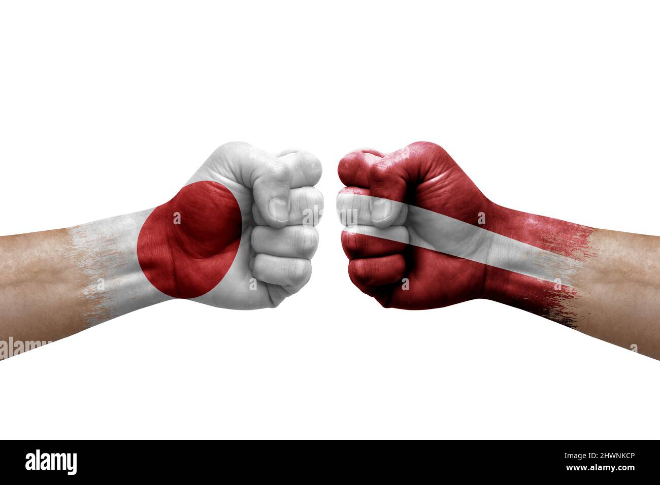 Two hands punch to each others on white background. Country flags ...