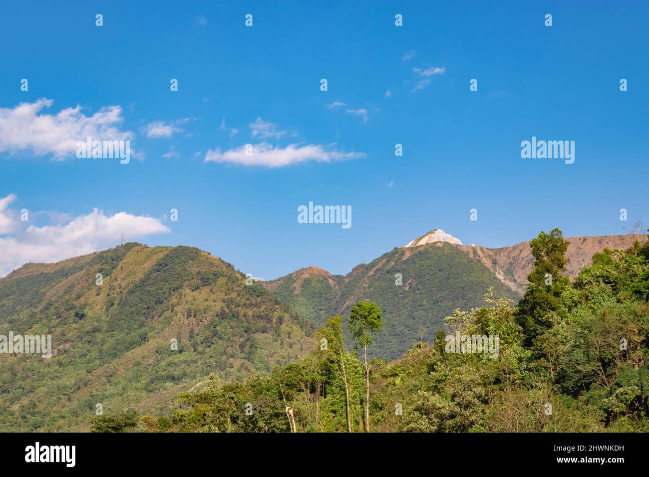 mountain covered with green forests and bright blue sky at afternoon ...
