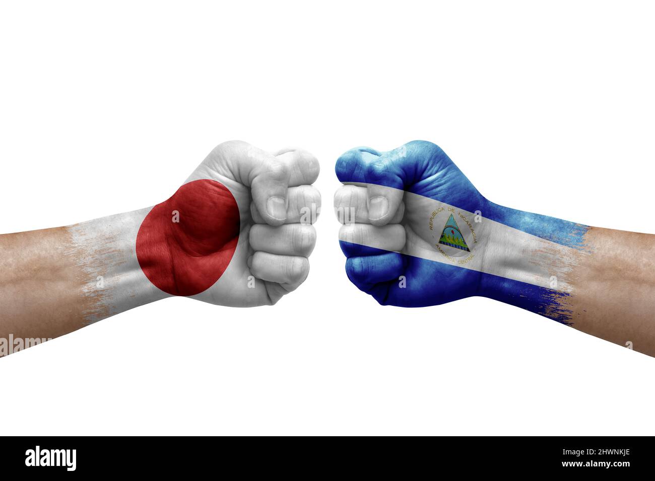 Two hands punch to each others on white background. Country flags ...
