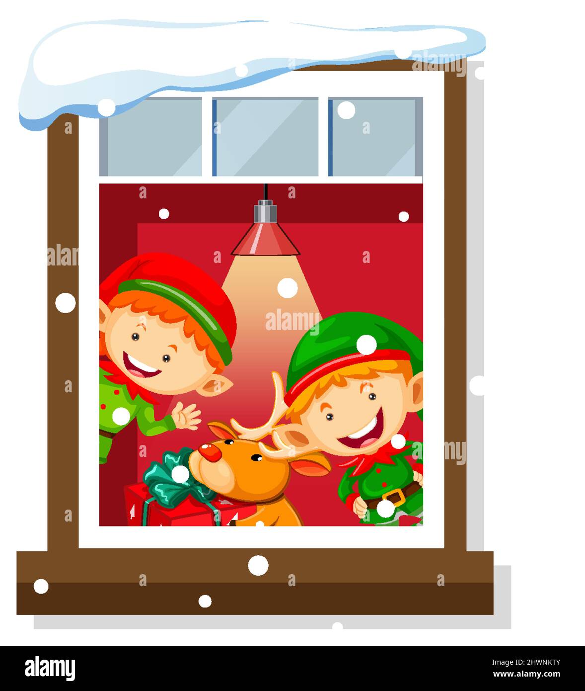 View through the window of cartoon character in Christmas theme ...
