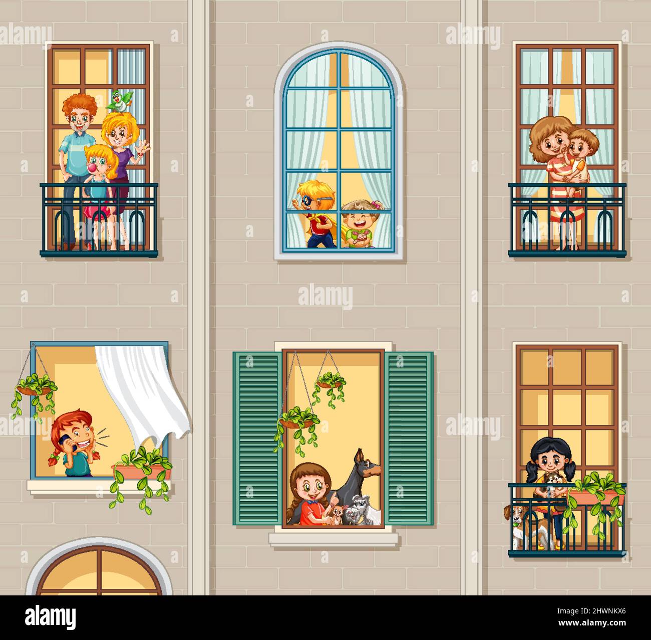 Apartment windows with neighbors cartoon character illustration Stock ...