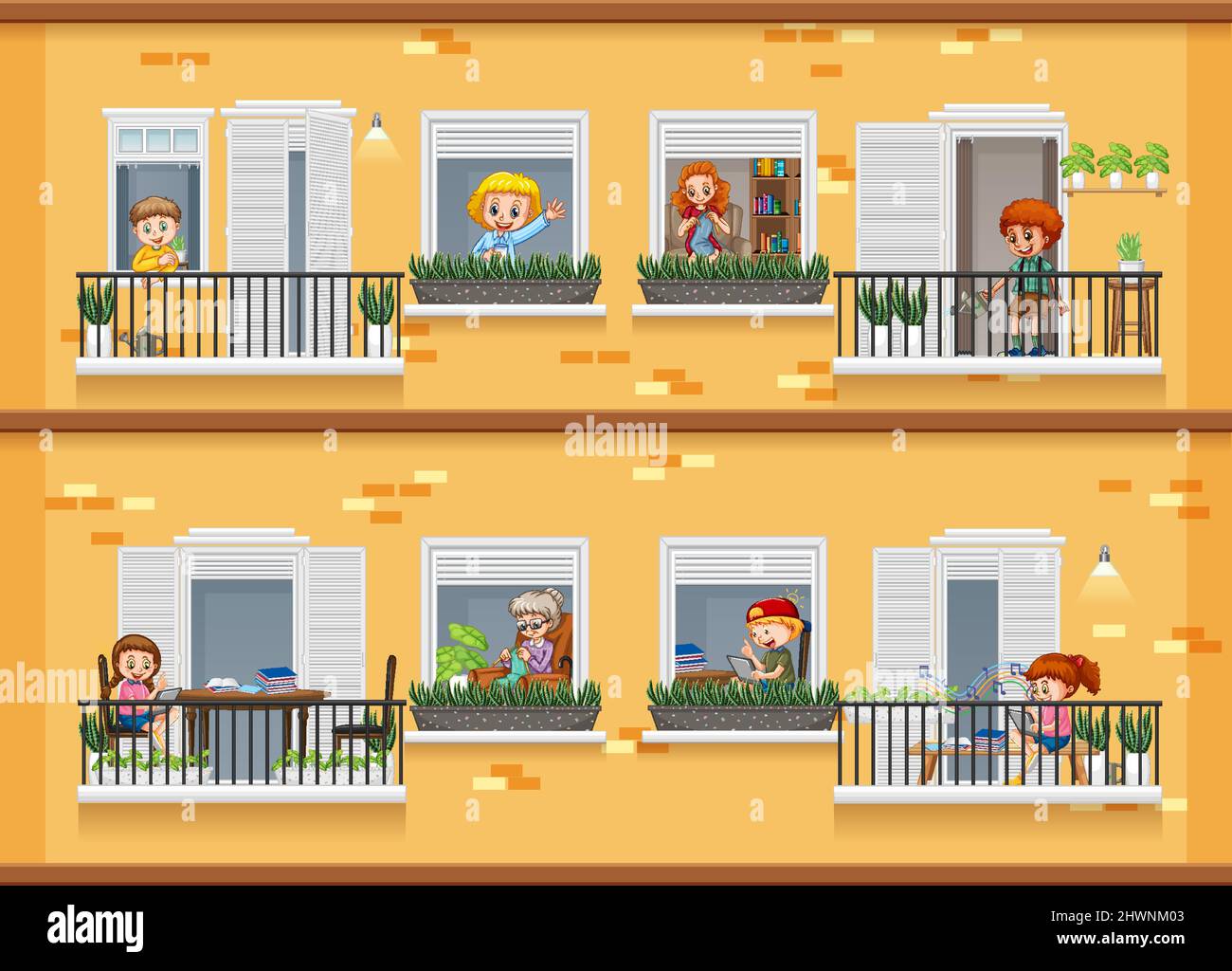 Apartment windows with neighbors cartoon character illustration Stock ...