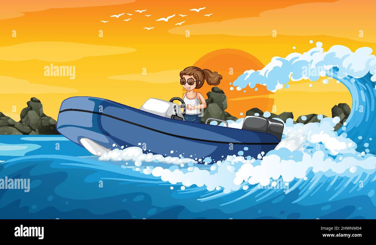 Ocean wave scenery with a woman driving a speedboat illustration Stock ...