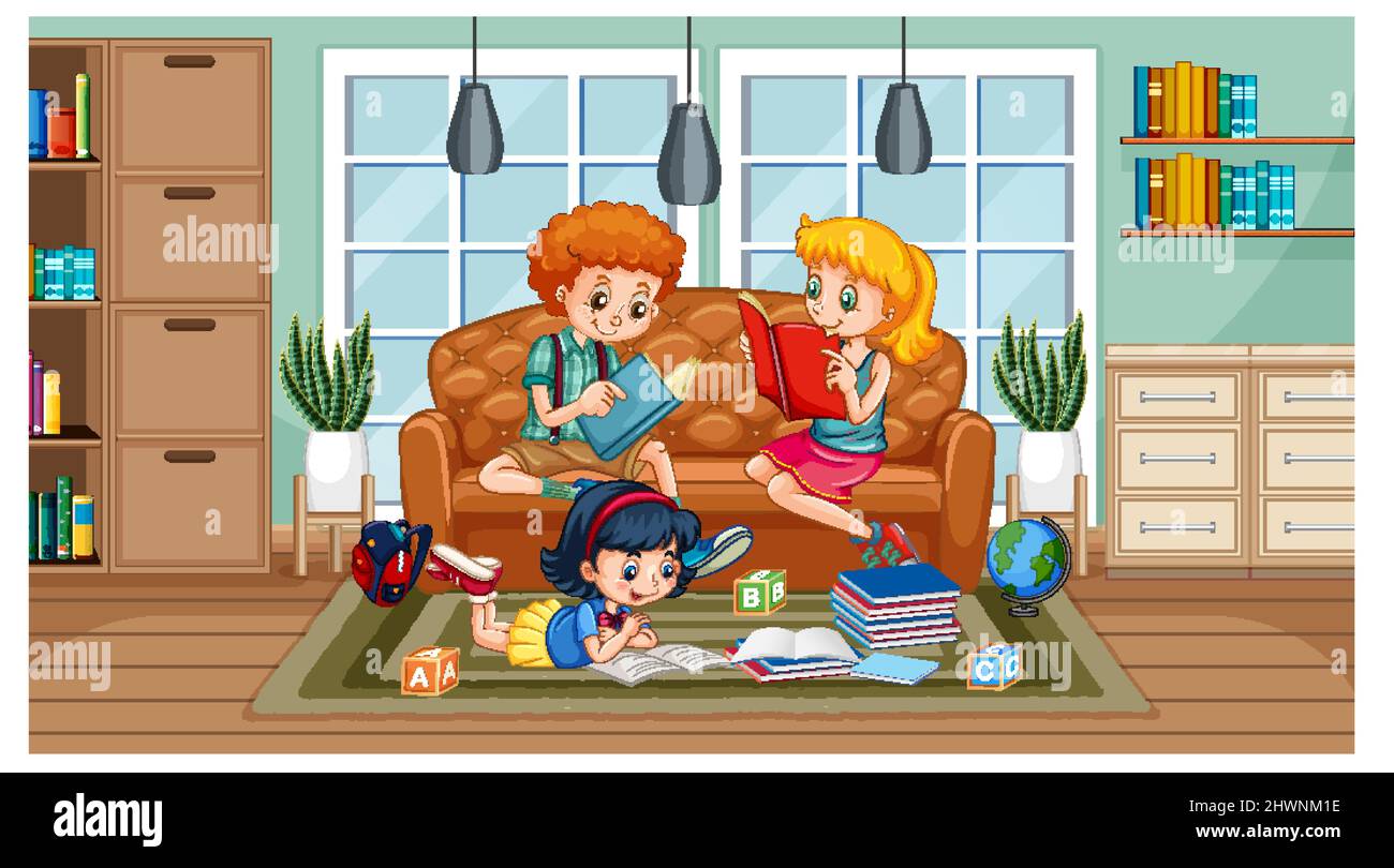 Children reading book at home illustration Stock Vector Image & Art - Alamy